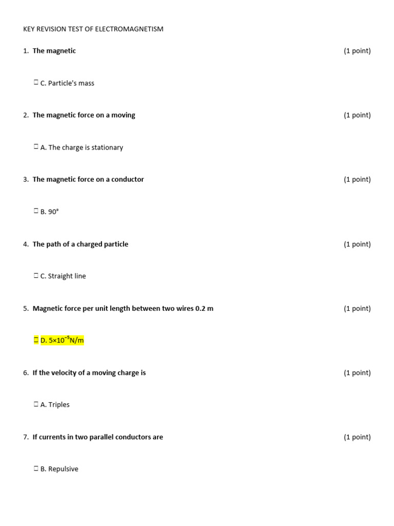 Electromagnetism Revision Test Questions | PDF | Magnetic Field | Force