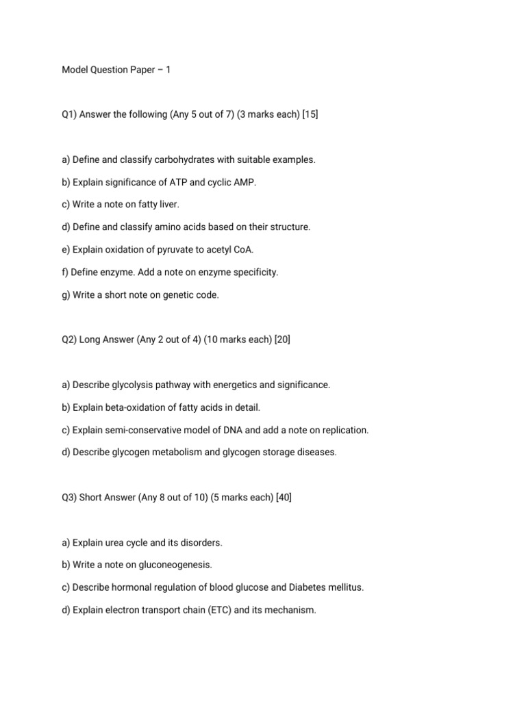 Model Question Biochemistry | PDF | Metabolism | Metabolic Pathway