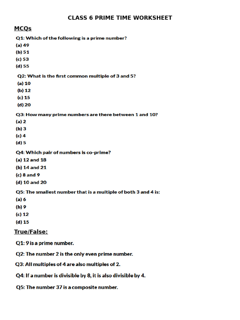 Class6 - Prime Time Worksheet | PDF