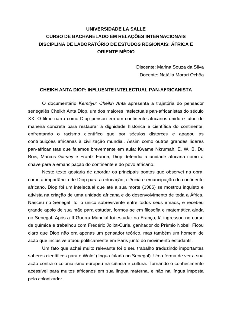 Cheikh Anta Diop - Intelectual Pan-Africanista | PDF | Science | Egito