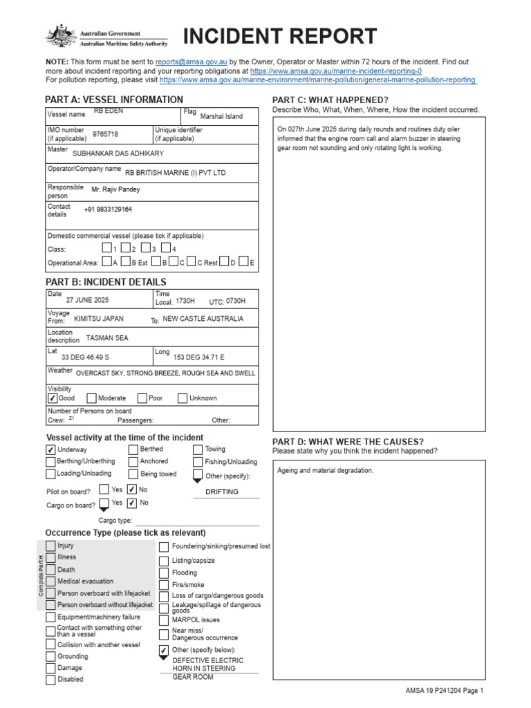 Amsa19-Incident-report-Form Steering Gear Room Electric Horn | PDF ...