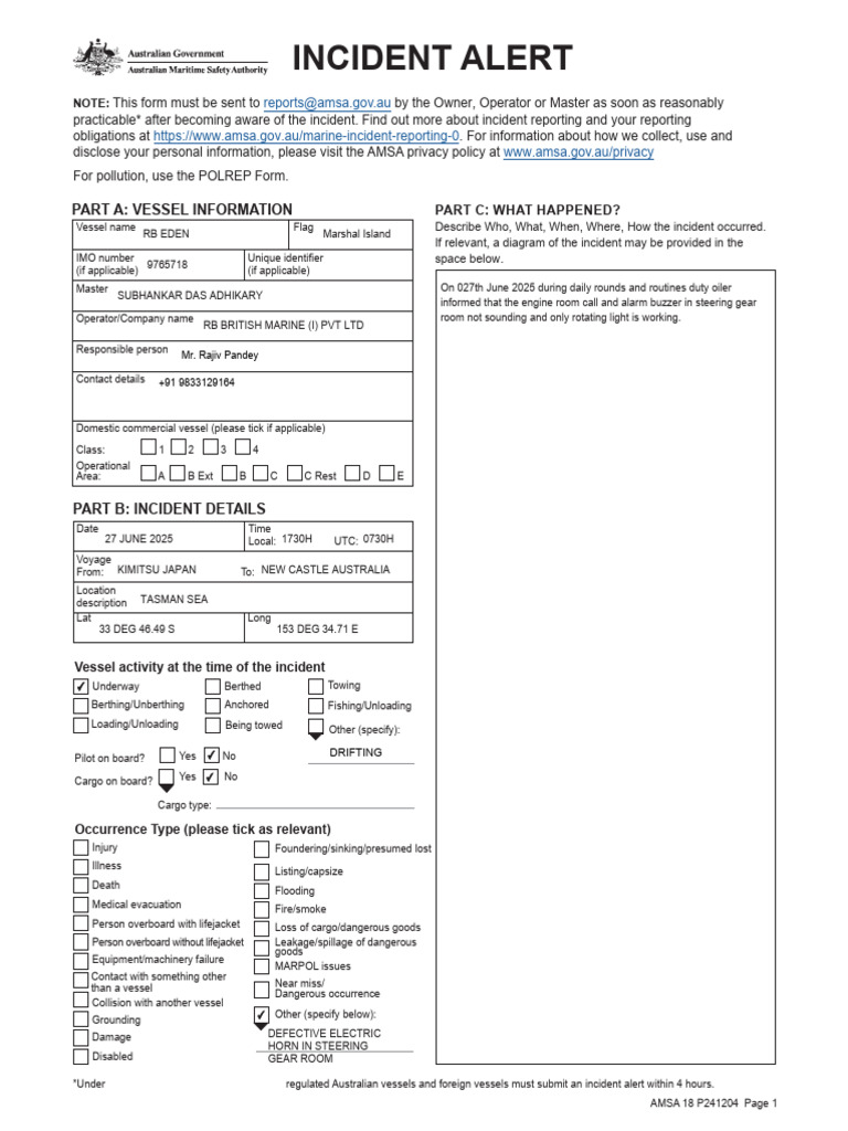 AMSA Form 18 Incident Report | PDF | Shipping | Ships