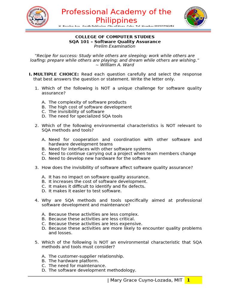 SQA 101 Prelim Exam Questions | PDF | Software Testing | Software