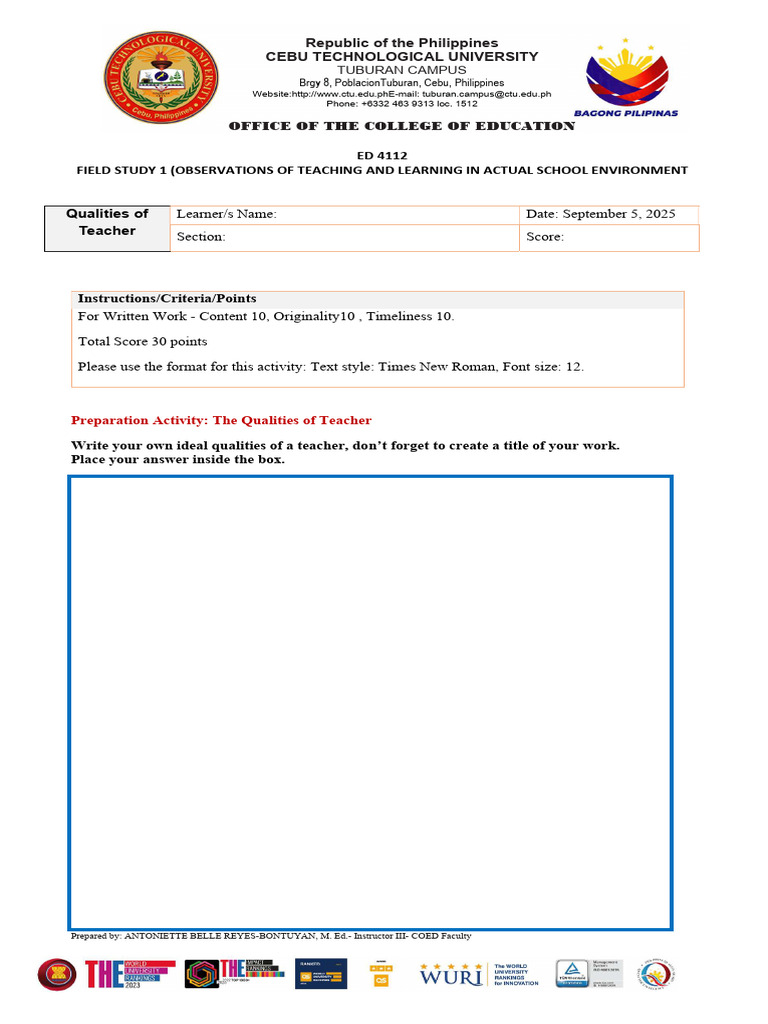 Jerwina Cantay - FS 1 Activity Qualities of Teacher | PDF