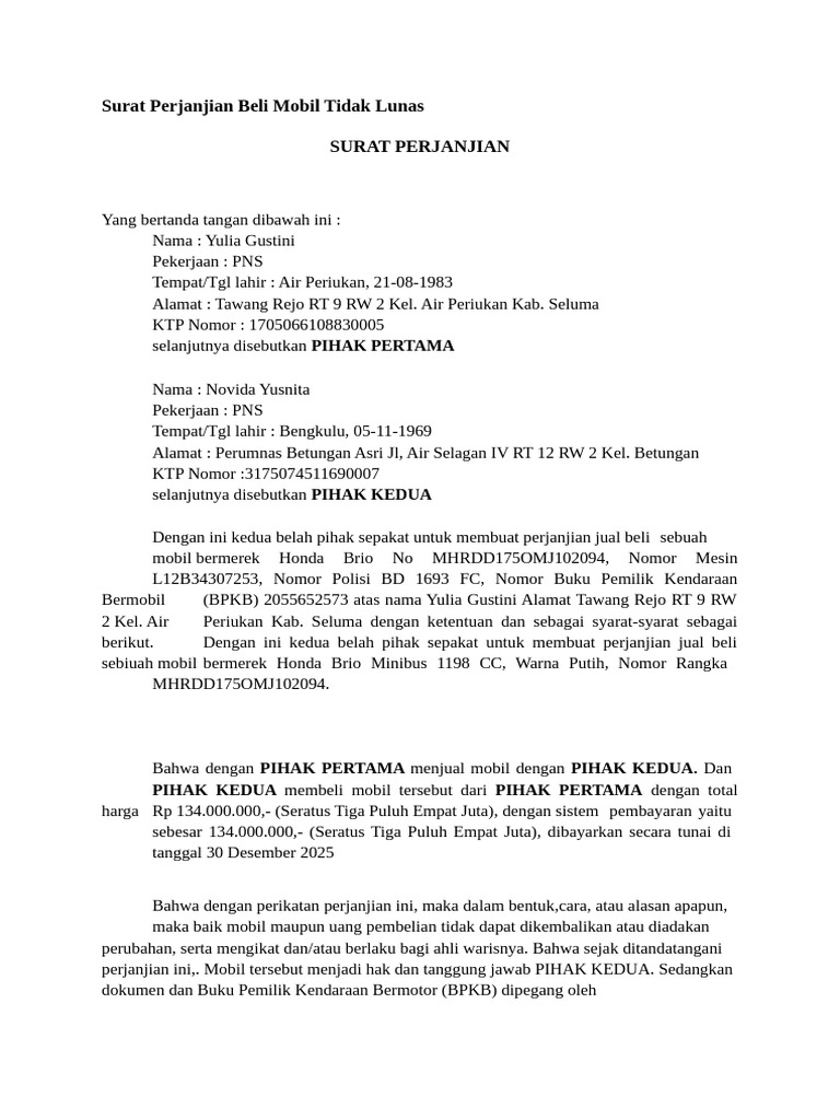 Perjanjian Jual Beli Mobil Honda Brio | PDF