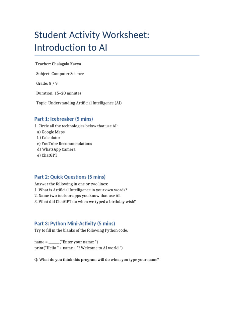 Student Worksheet Intro To AI Kavya | PDF