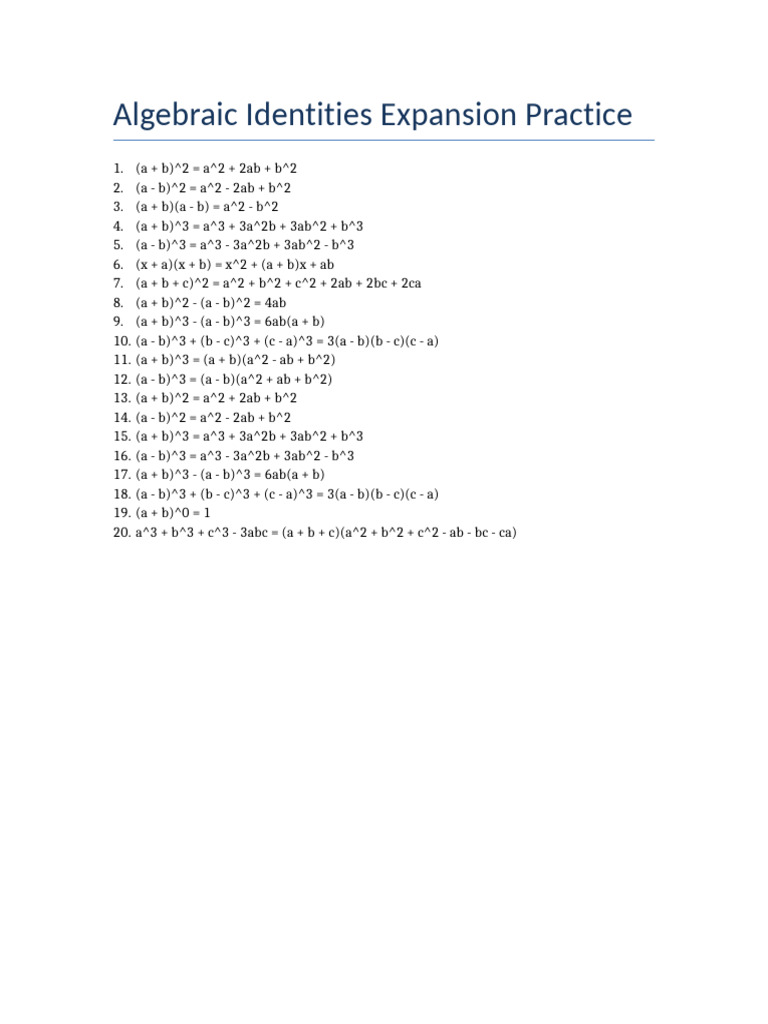 20 Algebraic Identities Explained | PDF