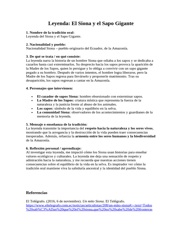 Leyenda Siona: El Sapo Gigante y la Naturaleza | PDF