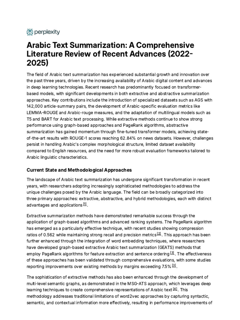 Arabic Text Summarization - A Comprehensive Literat | PDF | Computing | Linguistics