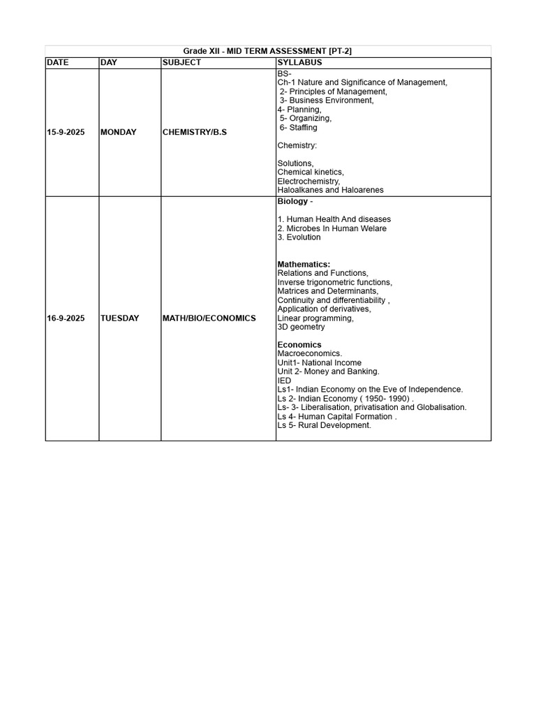 Grade XII Mid Term Exam Schedule 2025 | PDF