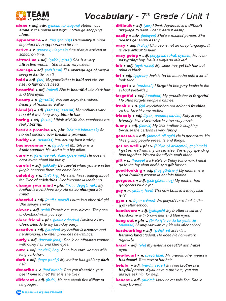 7th Grade Vocabulary Unit 1 Guide | PDF