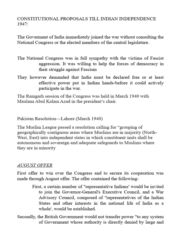 Constitutional Proposals Pre-Independence | PDF | Partition Of India ...