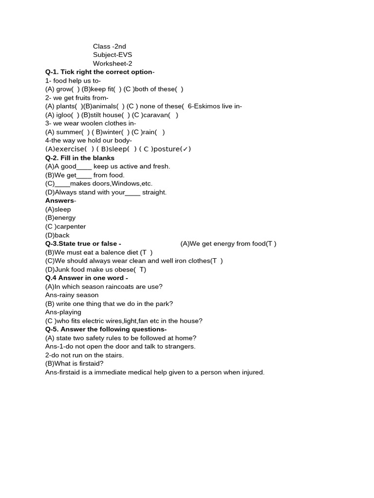 Class - 2nd EVS Worksheet 2 | PDF