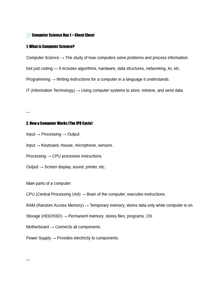 Computer Science Basics Cheat Sheet | PDF