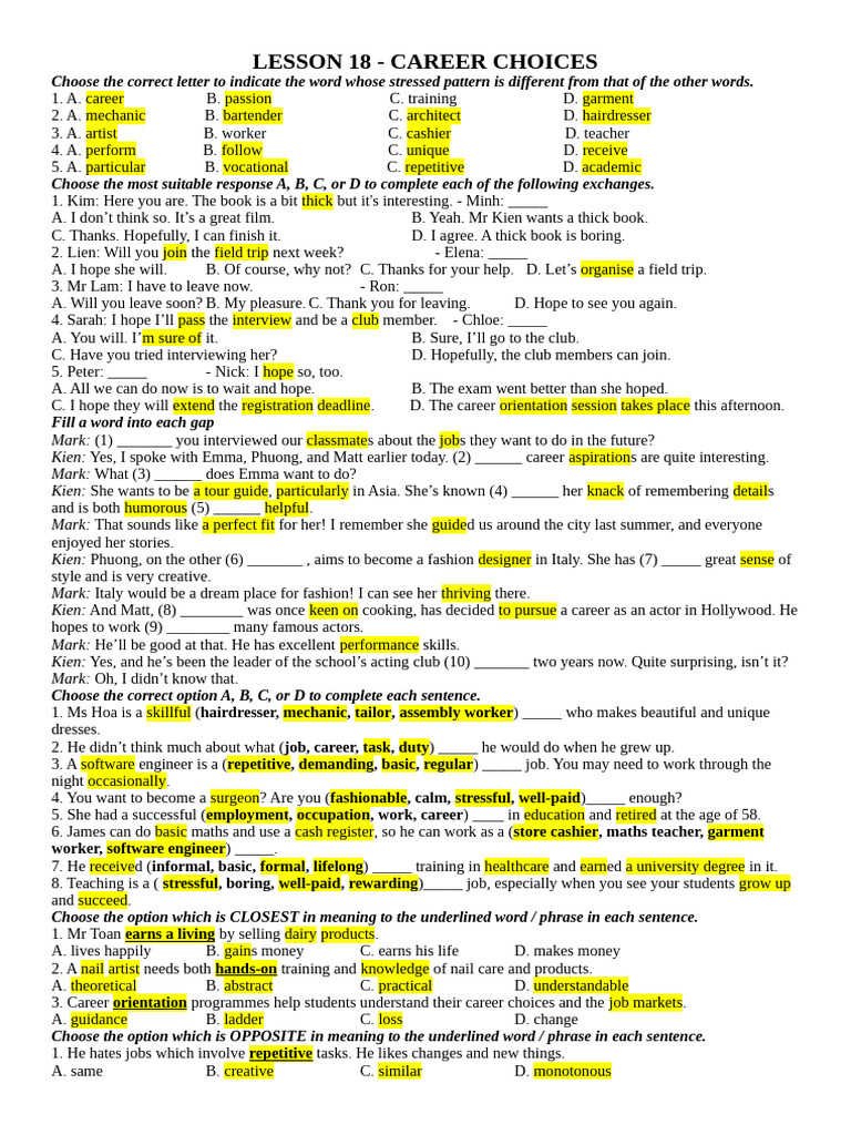 L P 9 Lesson 18 Career Choices Highlight | PDF | Job Interview