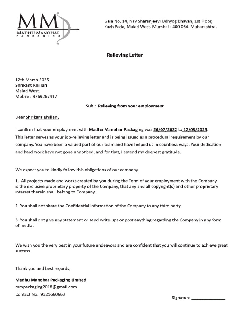MM Relieving Letter | PDF