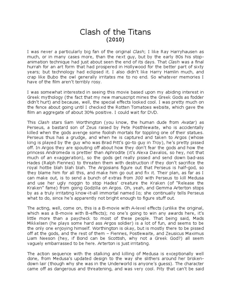 Clash of The Titans 2010 Movie Review | PDF | Greek Mythology | Ancient ...