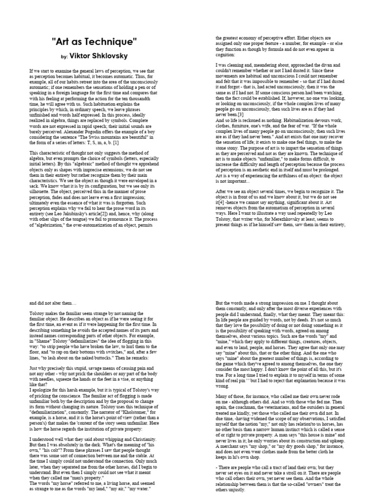 Defamiliarization in Art by Shklovsky | PDF | Poetry | Perception