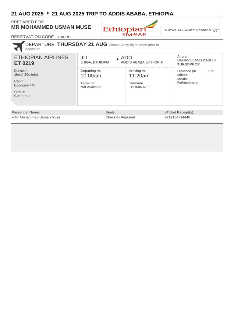 Travel Reservation August 21 For MR MOHAMMED USMAN MUSE | PDF