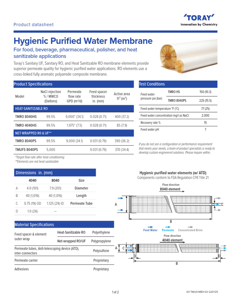 TorayHygienicPurifiedWaterMembrane Datasheet | PDF | Membrane | Chemistry