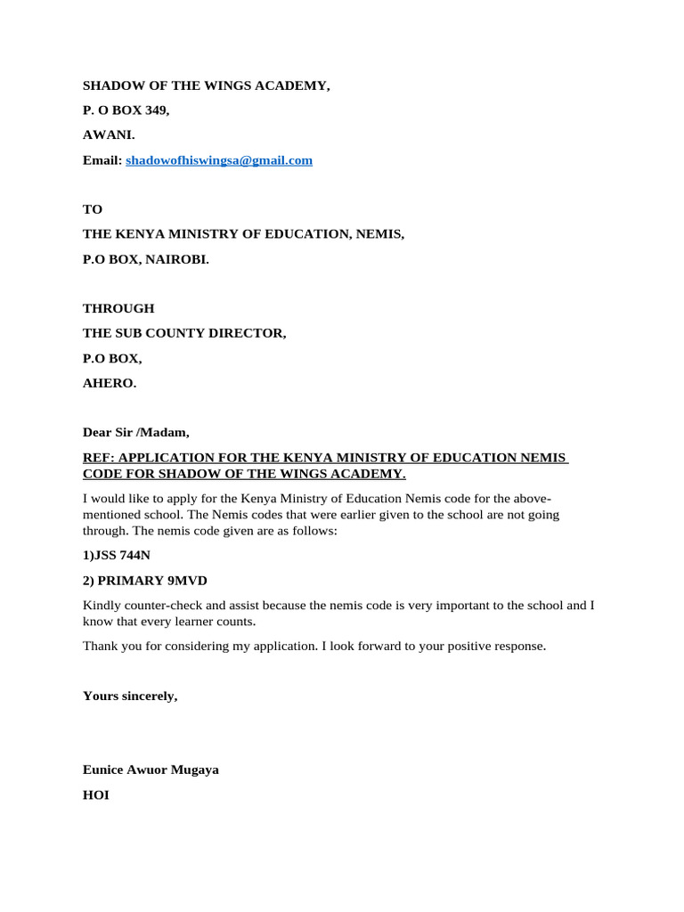 Application for NEMIS Code - Shadow Academy | PDF