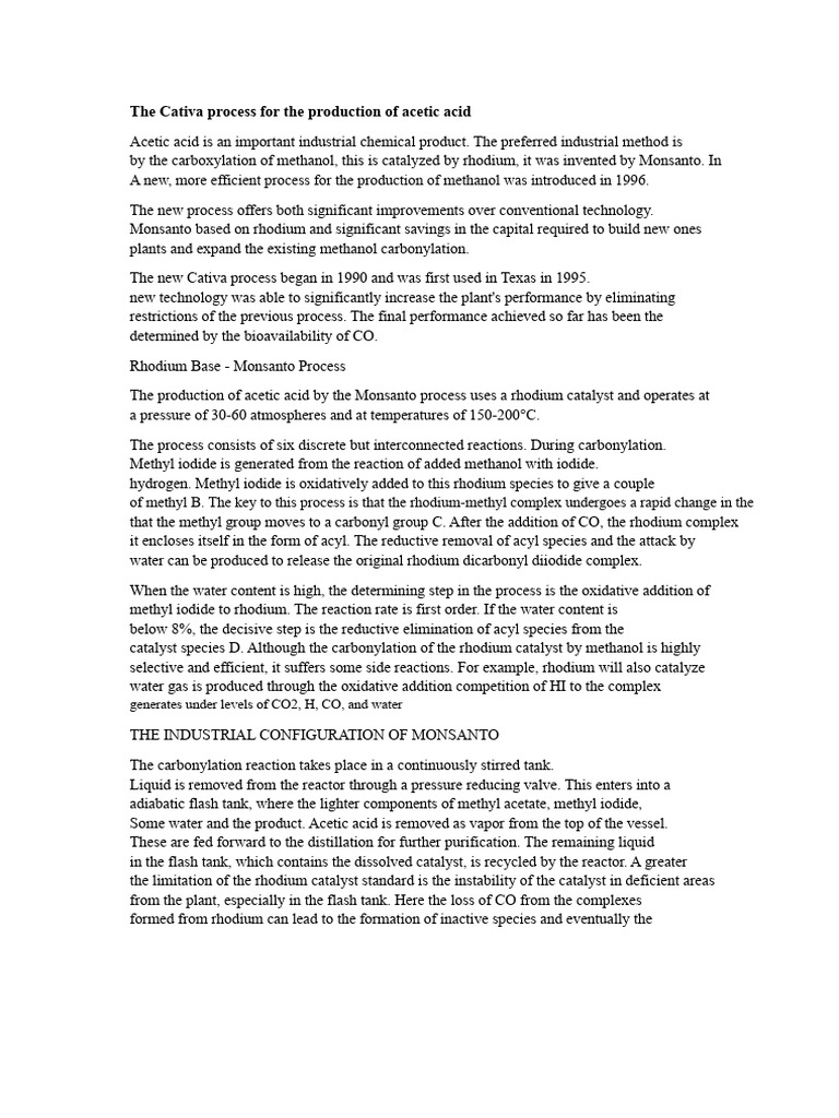 Cativa vs. Monsanto Acetic Acid Processes | PDF | Catalysis | Acetic Acid