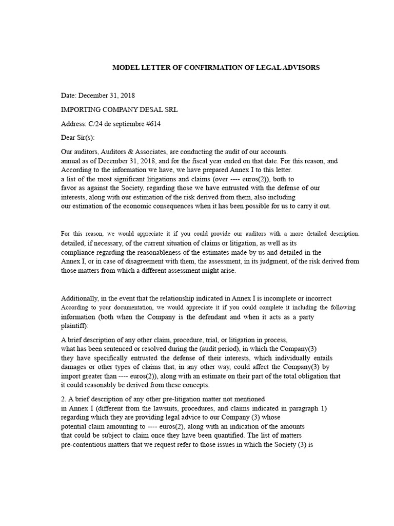 Legal Confirmation Letter Template | PDF | Audit | Lawsuit