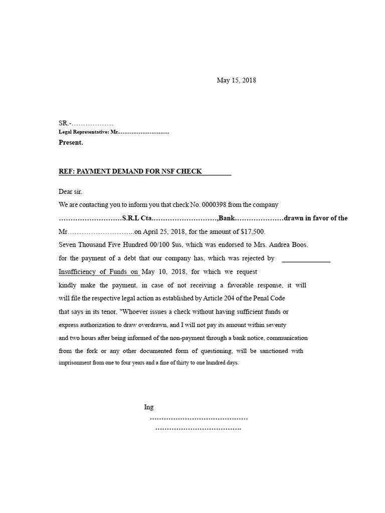 Letter of Payment Intimation For A Bounced Check | PDF