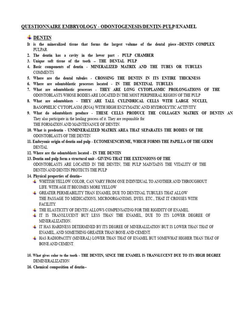 Questionnaire Embryology - Odontogenesis Dentin Pulp Enamel | PDF ...