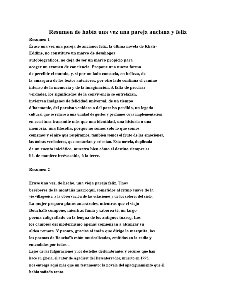 Resumen de Había Una Vez Una Pareja Anciana Feliz | PDF