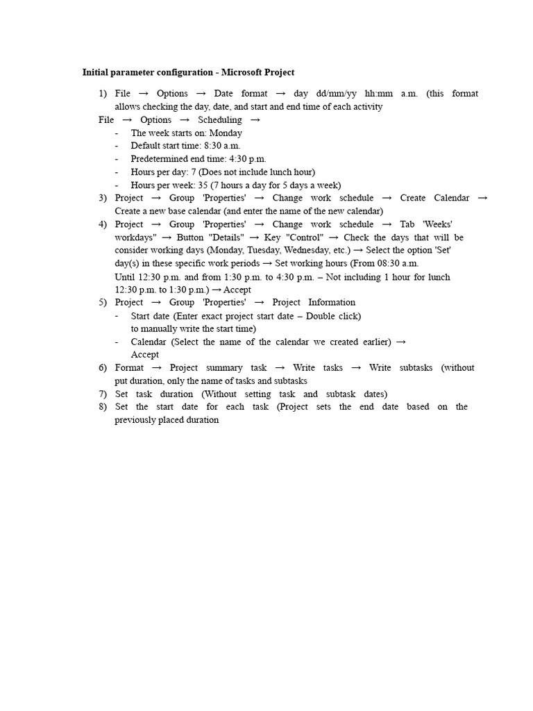 Setting Working Days in MS Project | PDF