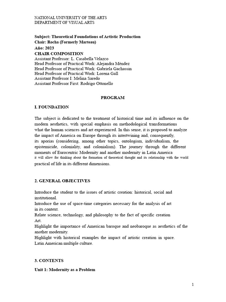 Theoretical Foundations of Artistic Production Program 2023 | PDF ...
