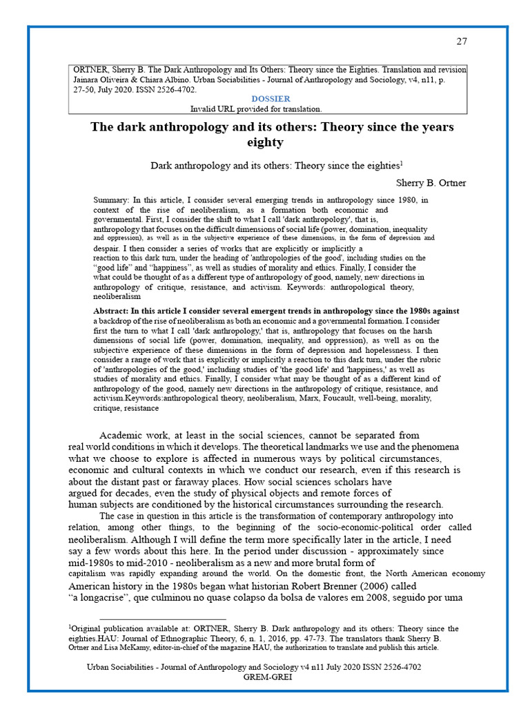 ORTNER Sherry B A Dark Anthropology and | PDF | Anthropology ...