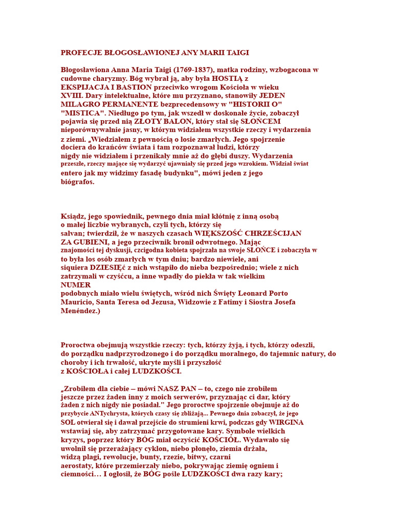 Proroctwa Błogosławionej Anny Marii Tiagi | PDF