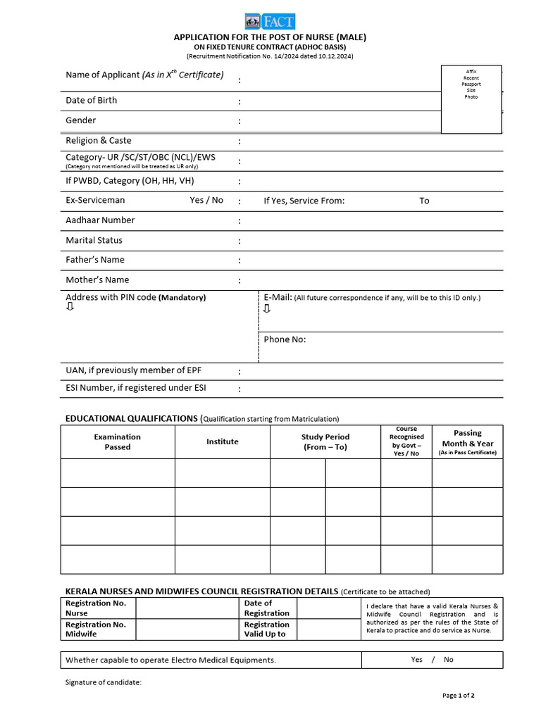 Nurse Application Form for Male Candidates | PDF