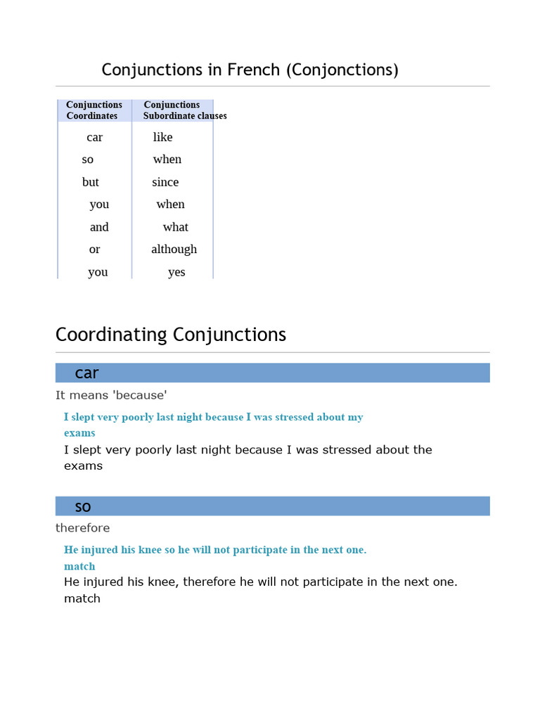 Several Conjunctions in French | PDF | Syntax | English Grammar