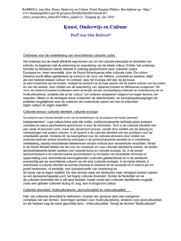 BARBOSA, Ana Mae. Kunst, Onderwijs en Cultuur. Portal Domínio Público | PDF