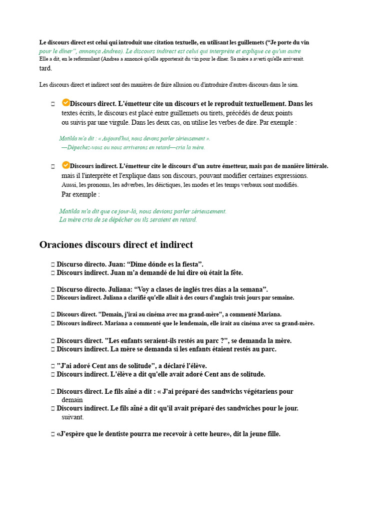 Exemples de discours direct et indirect | PDF | Guillemet | Phrase