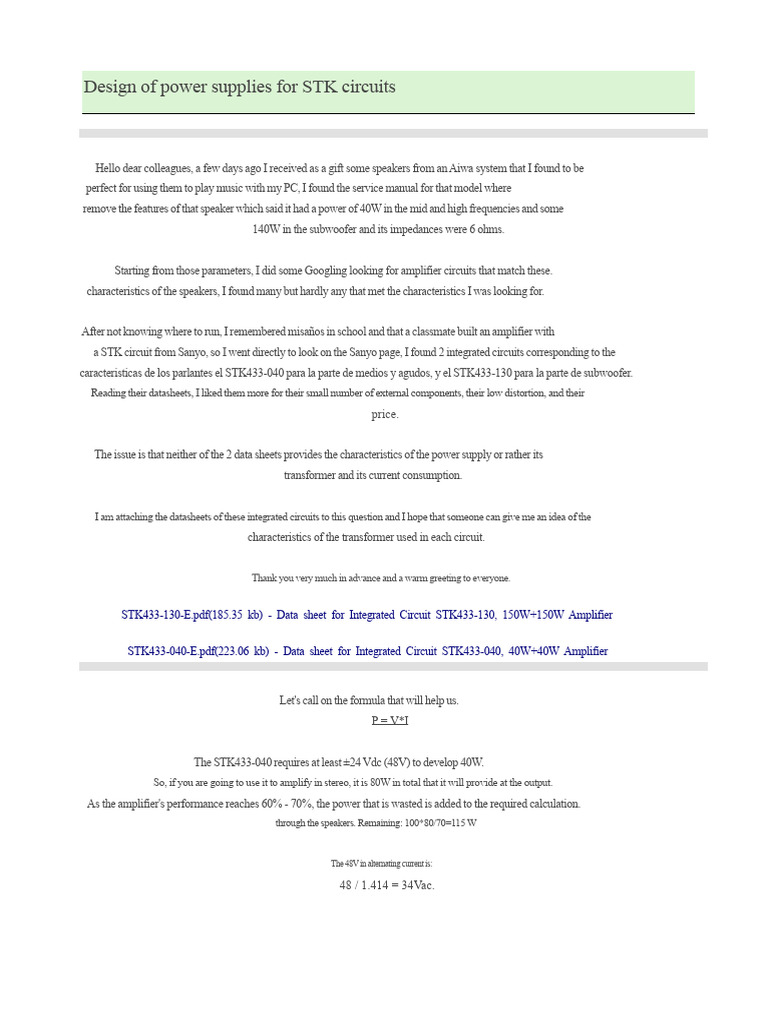 Power Supply Design for STK Circuits | PDF | Amplifier | Loudspeaker