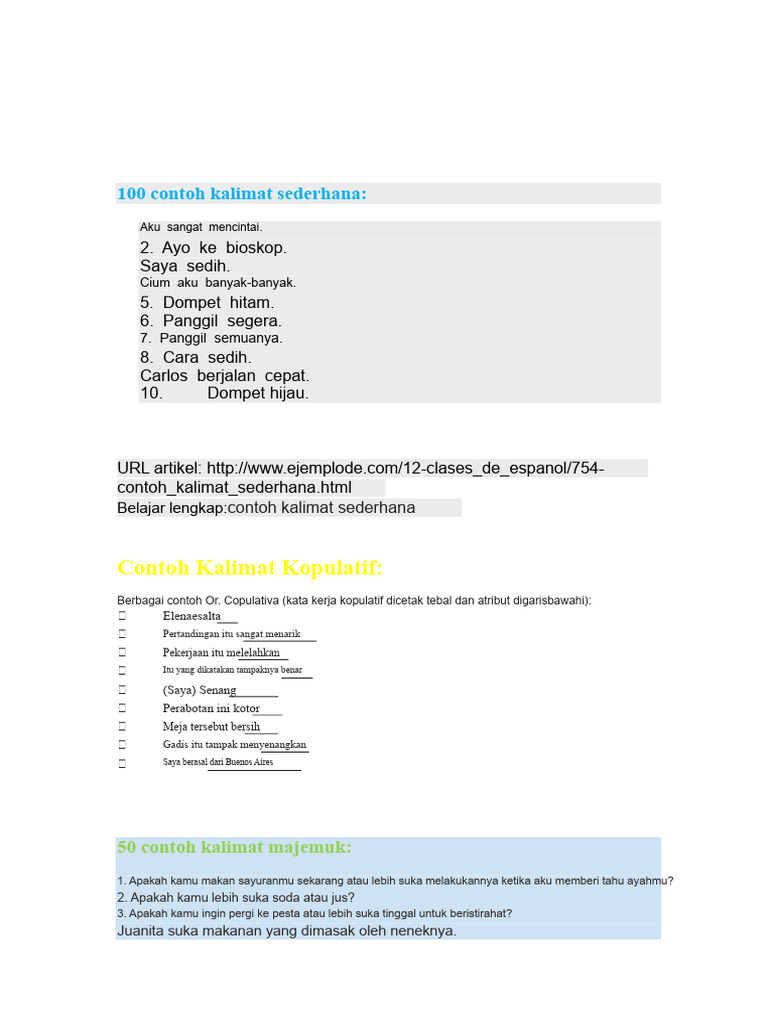 100 Contoh Kalimat Sederhana | PDF