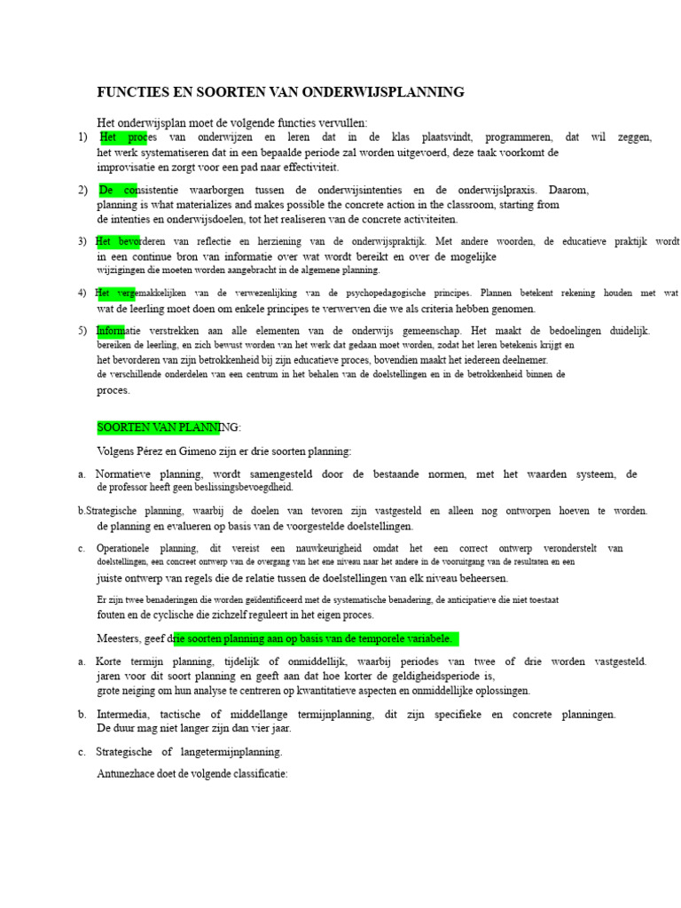 De Planning, Functies. | PDF