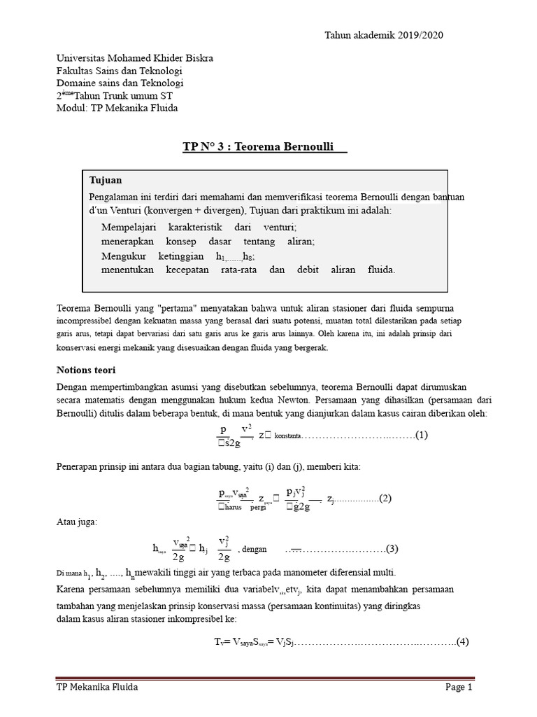 Teorema Bernoulli dan Venturi dalam Mekanika Fluida | PDF