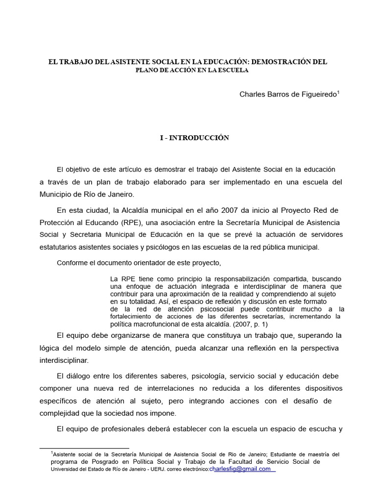 El Trabajo Del Asistente Social en La Educación Demostración Del Plan de Acción en La Escuela ...