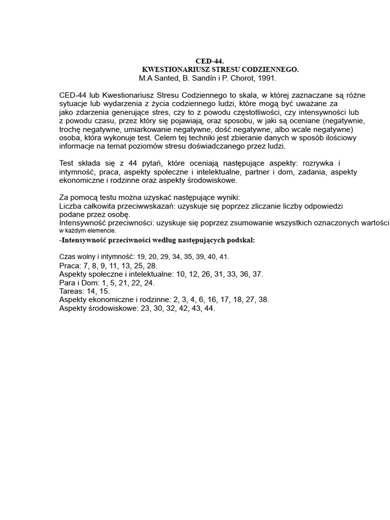 Codzienny Kwestionariusz Stresu | PDF