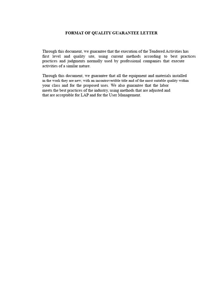 Quality Guarantee Letter Format | PDF