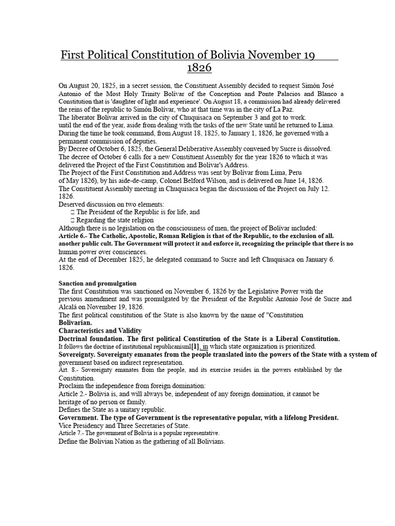 First Political Constitution of Bolivia November 19, 1826 | PDF ...