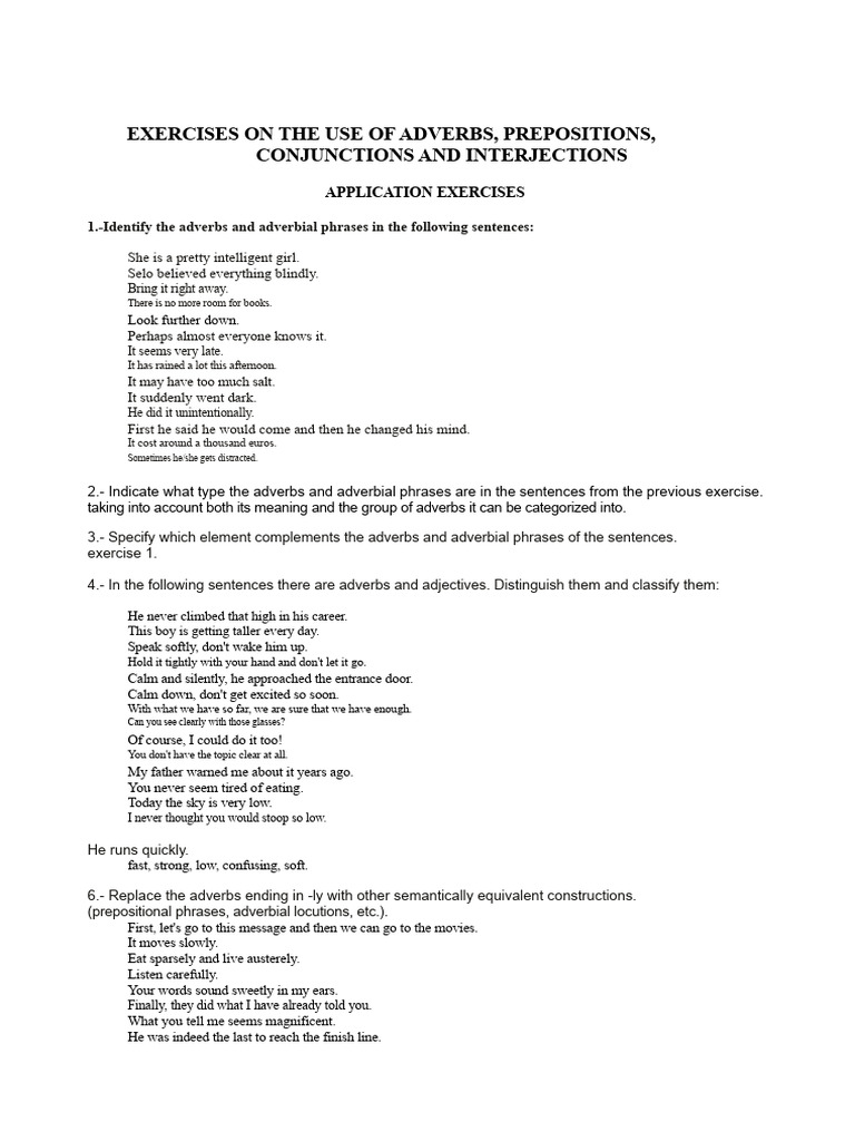 Exercises On The Use of Adverbs, Prepositions, Conjunctions, and ...