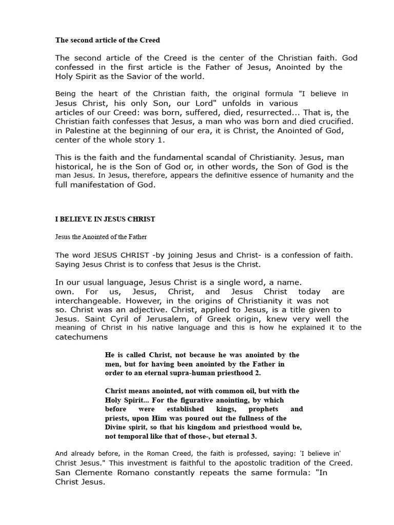 The Second Article of The Creed | PDF | Jesus | God The Father