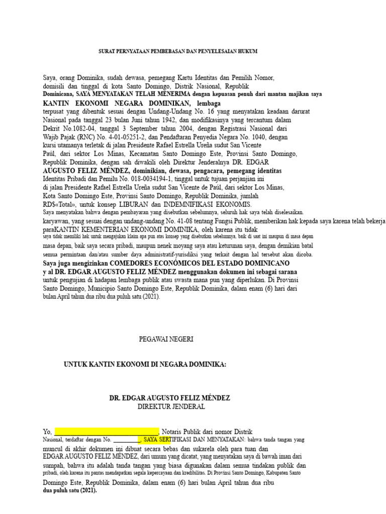 Model Surat Pernyataan Dan Penyelesaian Hukum | PDF