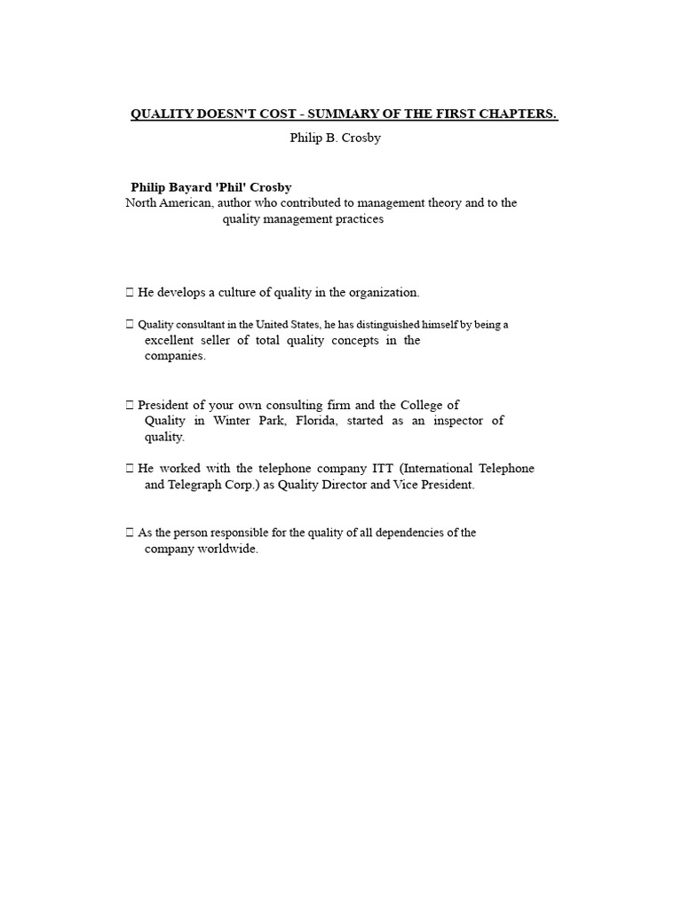 Summary of First Chapters - Crosby | PDF | Quality Management | Evaluation